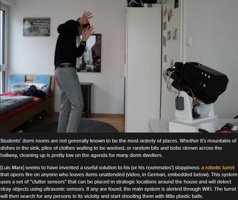 hackaday - une tourelle NERF automatique qui vérifie si la pièce est rangée - Arfy'z tranche du Net