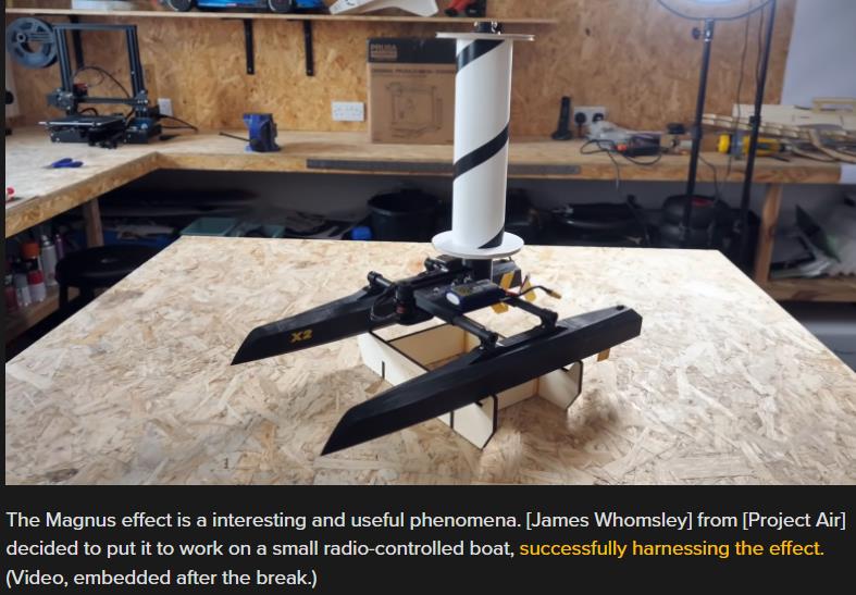 hackaday - utiliser l'Effet Magnus pour faire avancer un bateau - Arfy'z tranche du Net